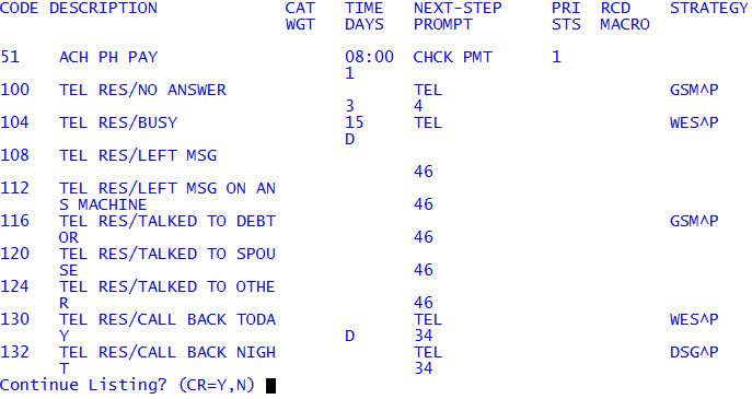 Displaying a list of collector action codes